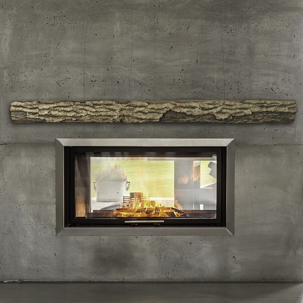 half round sleeper pale honey mantel on a concrete wall
